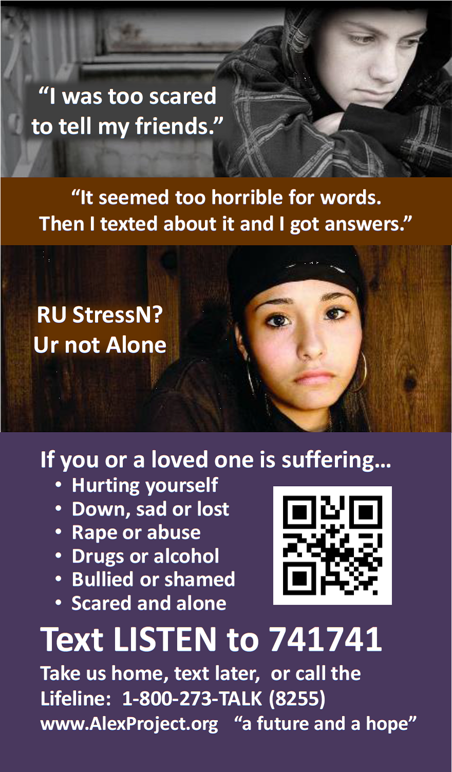 Crisis Text Line card – The Alex Project – Stacy's Flutterings